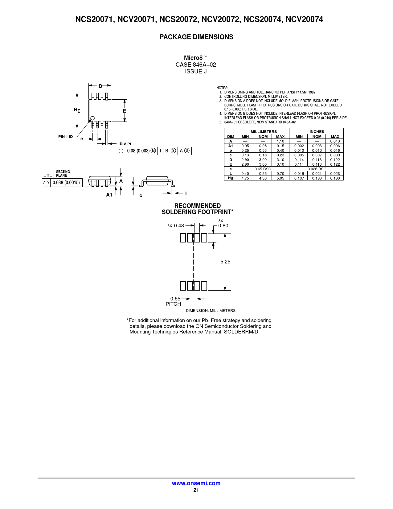 NCS20071, NCV20071, NCS20072, NCV20072, NCS20074, NCV20074. PACKAGE DIMENSIONS. Micro8 ...