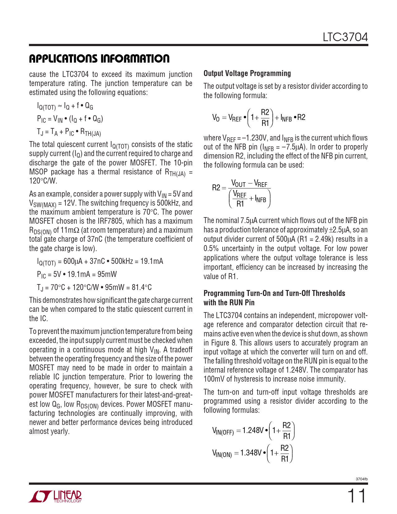 APPLICATIO S I FOR ATIO. Output Voltage Programming. Programming Turn-On and Turn-Off Thresholds ...