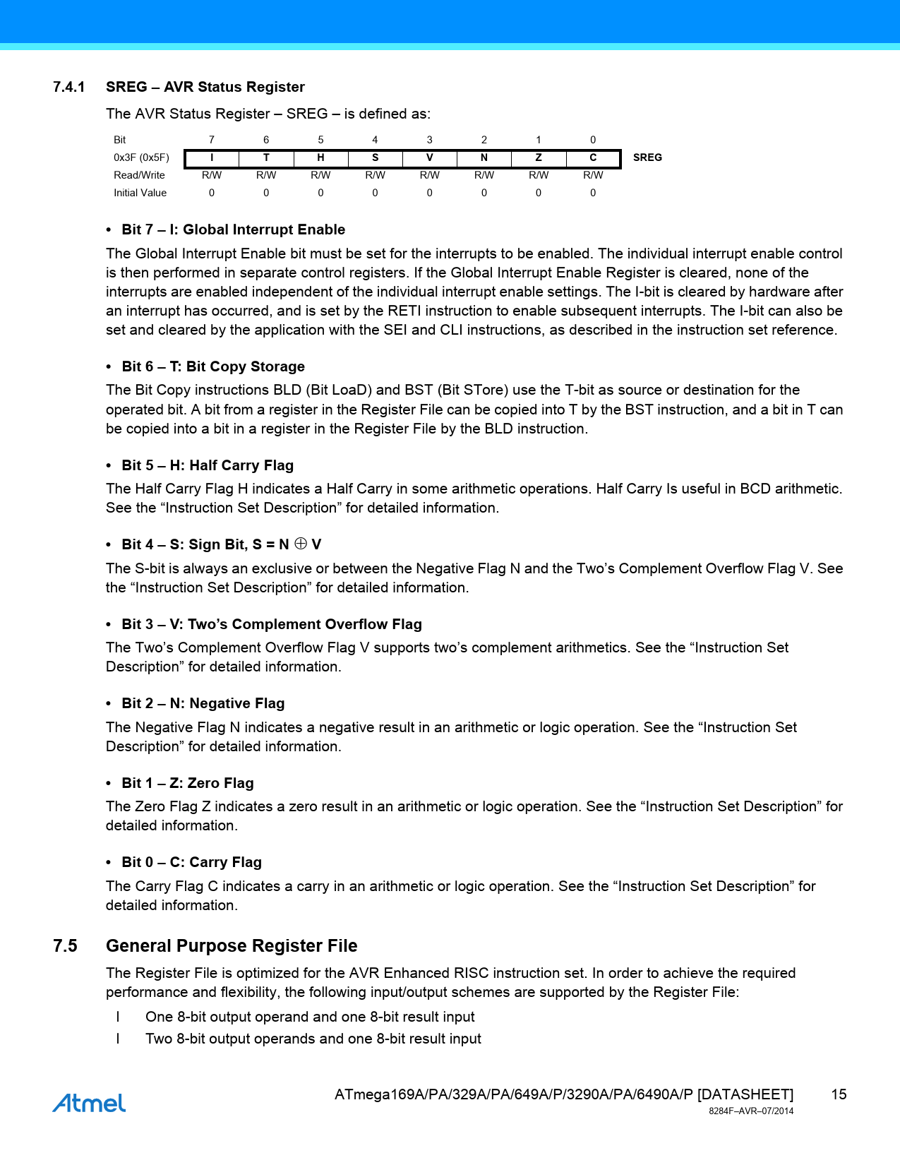 7.4.1. SREG – AVR Status Register. SREG. • Bit 7 – I: Global Interrupt ...