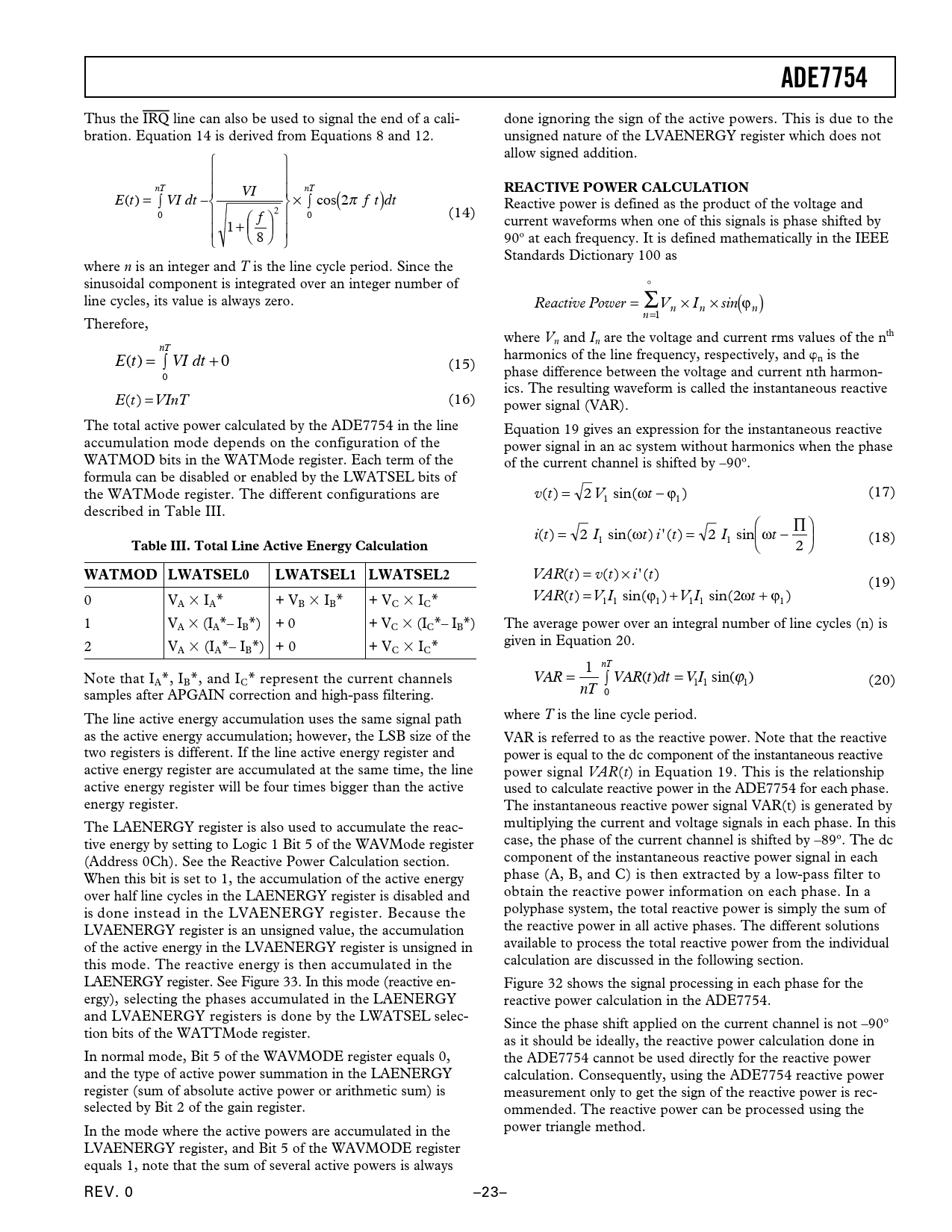 ADE7754. REACTIVE POWER CALCULATION. Table III. Total Line Active ...
