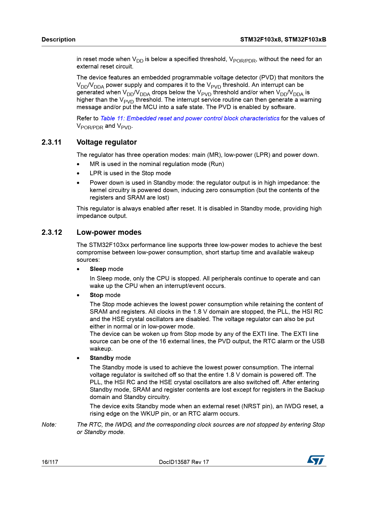 Description Stm32f103x8 Stm32f103xb 2 3 11 Voltage Regulator 2 3 12 Low Power Modes Sleep