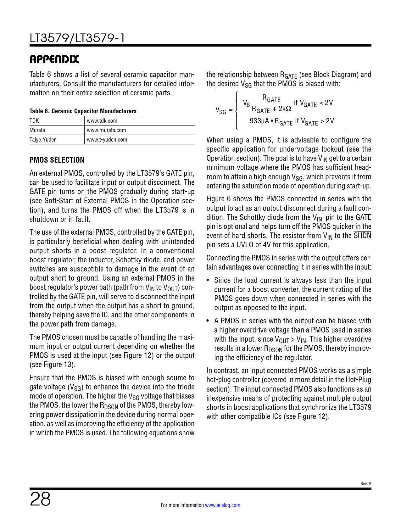 APPENDIX. Table 6. Ceramic Capacitor Manufacturers. PMOS SELECTION - Datasheet LT3579, LT3579-1 ...