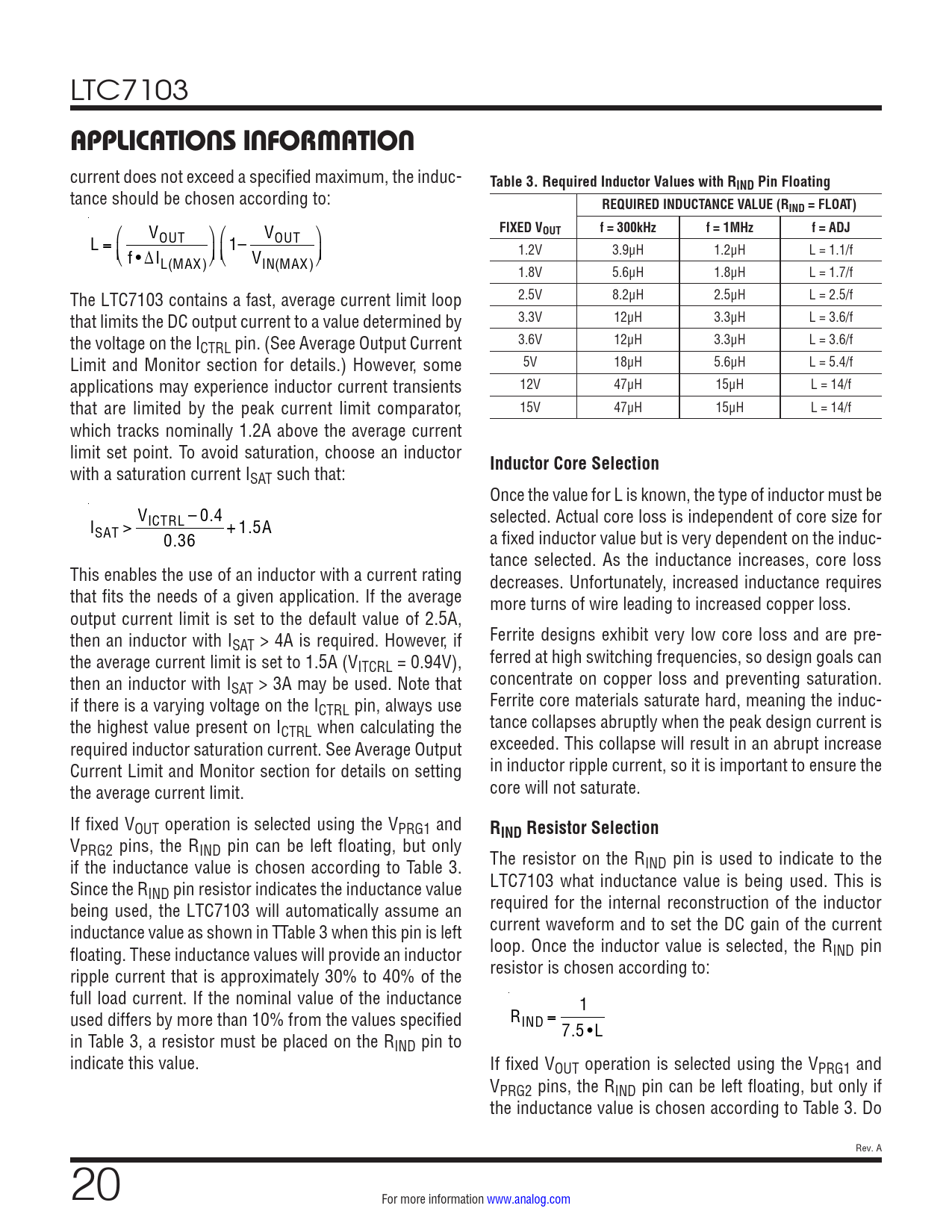 APPLICATIONS INFORMATION. Table 3. Required Inductor Values with RIND Pin Floating - Datasheet ...