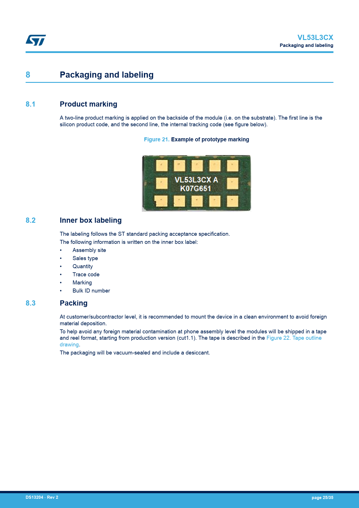 VL53L3CX. Packaging and labeling. 8.1. Product marking. Figure 21 ...